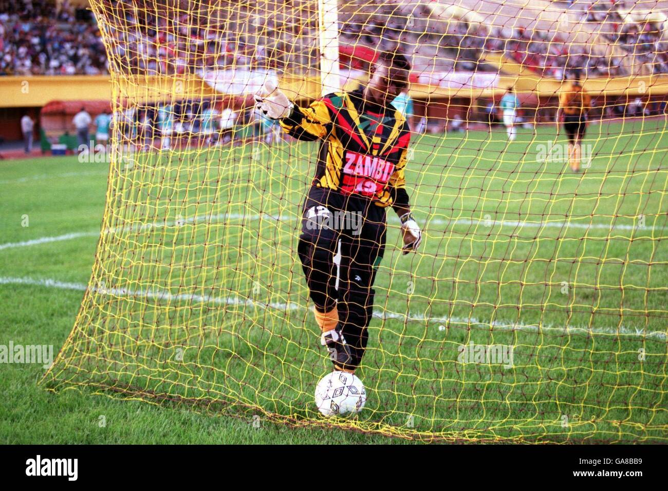 Zambia goalkeeper Davies Phiri retrieves the ball from the back of the ...