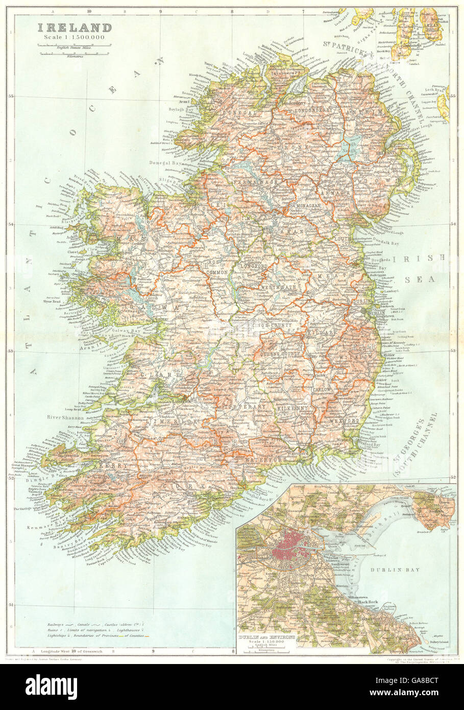 IRELAND: Ireland; Inset map of Dublin and Environs, 1910 Stock Photo ...