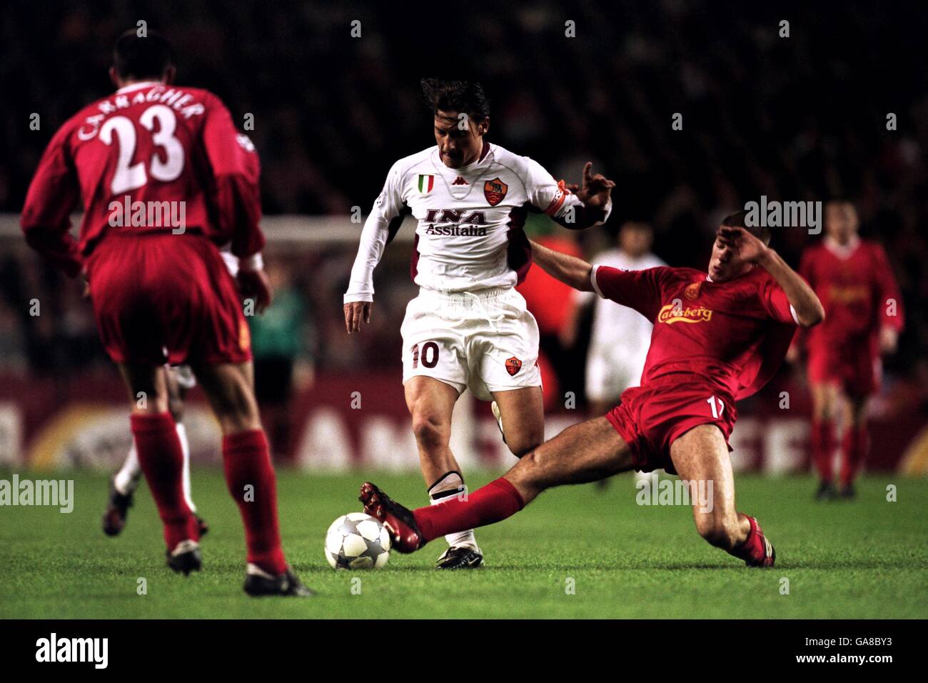 Liverpool's Steven Gerrard tackles Roma's Francesco Totti Stock Photo ...