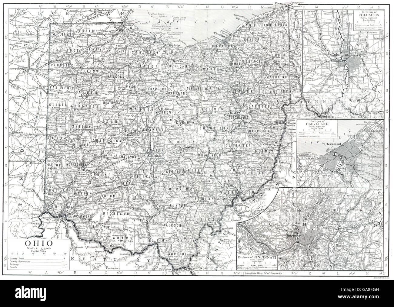 OHIO: State map showing counties; Inset Columbus Cleveland Cincinnati ... OHIO: State map showing counties; Inset Columbus Cleveland Cincinnati ...