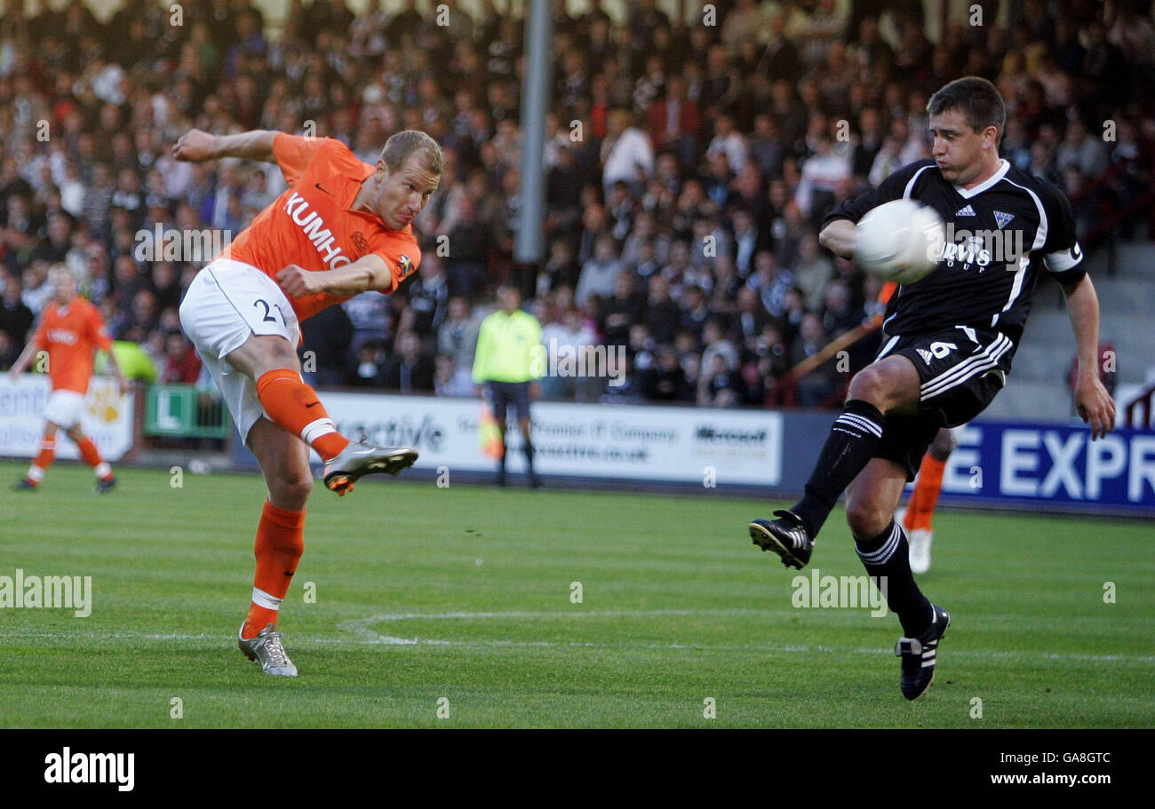 BK Haekens Jonas Henriksson shoots at Dunfermline's goal during the ...