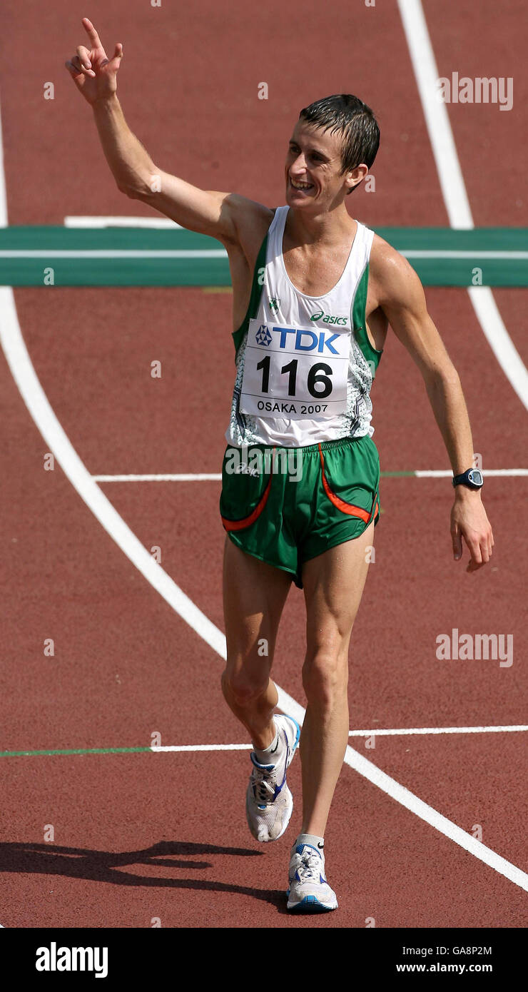 Ireland's Robert Heffernan celebrates crossing the line during 20km ...