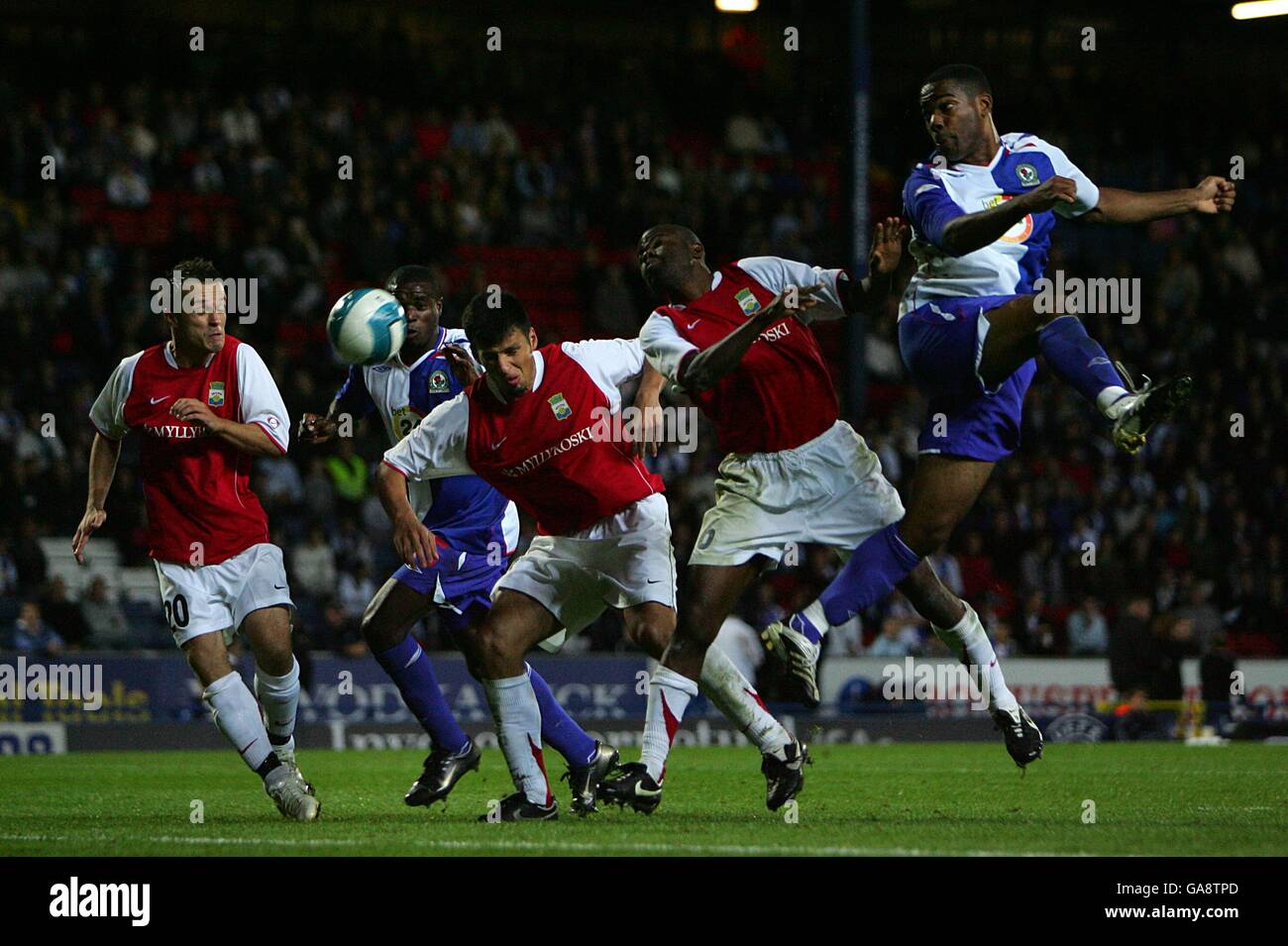 Blackburn rovers rises above the mypa defence hi-res stock photography ...