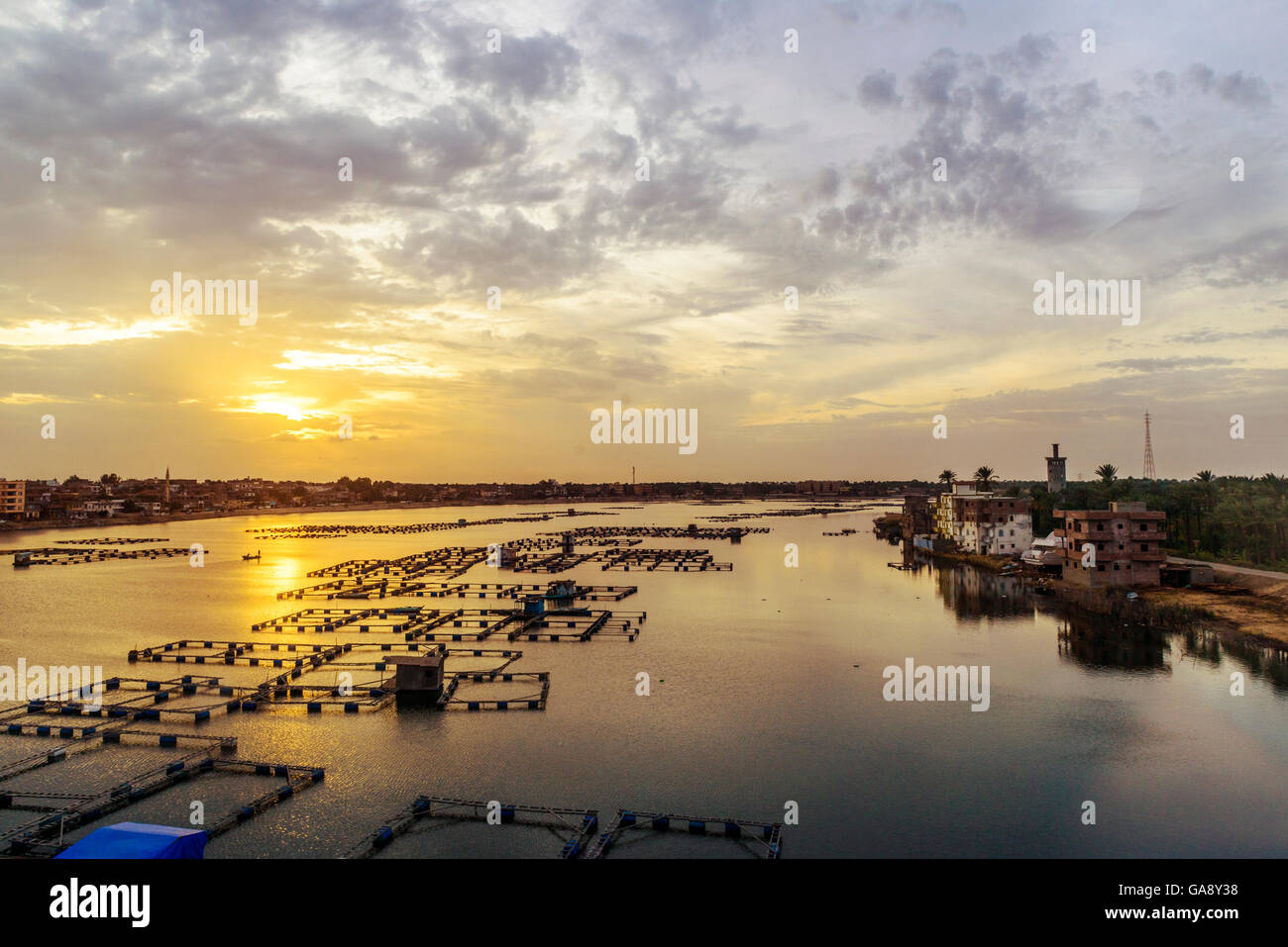 Fish Farms over Fresh River Water Under Sunset Stock Photo - Alamy