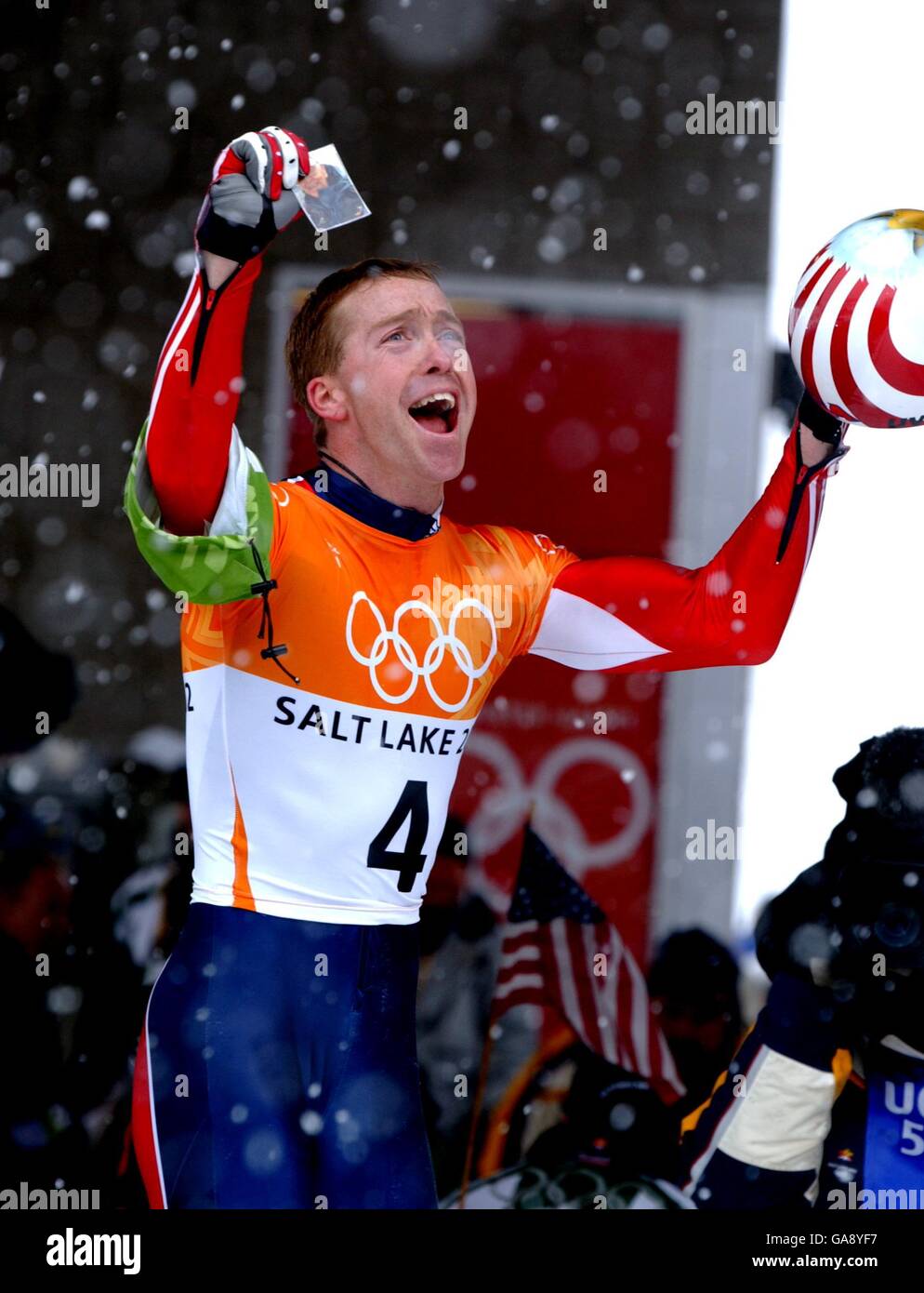 Usas jim shea celebrates winning the gold medal hi-res stock ...
