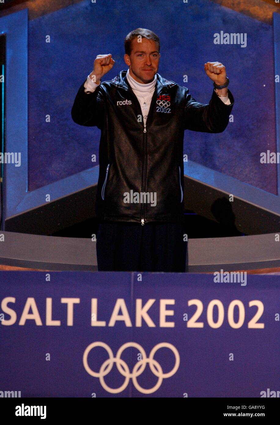 Usas jim shea celebrates winning the gold medal hi-res stock ...