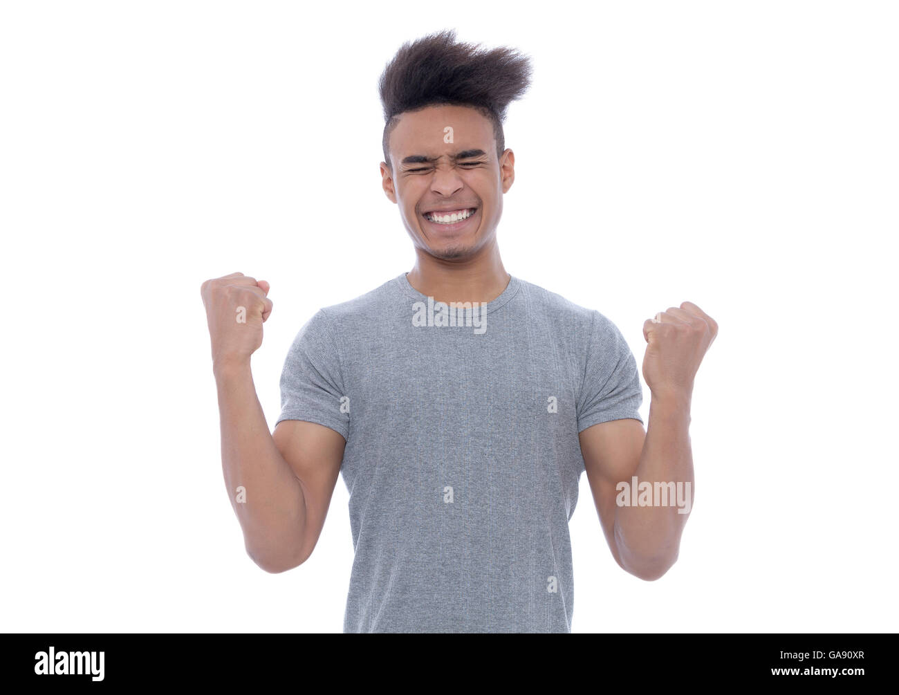 Young and careless afro man being very happy. Isolated image on white ...