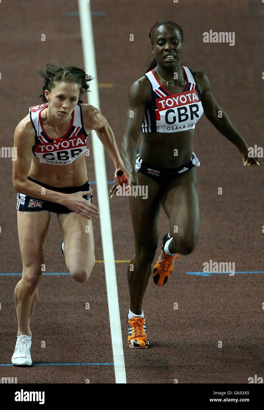 Great Britain's Nicola Sanders receives the baton from Marilyn Okoro on ...