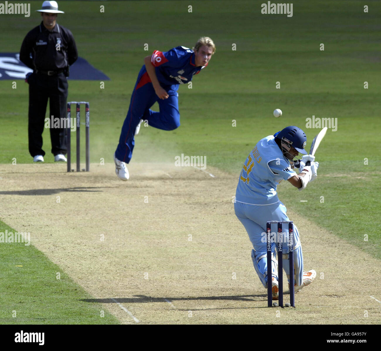 India's Sourav Ganguly ducks a bouncer from England's Stuart Broad ...