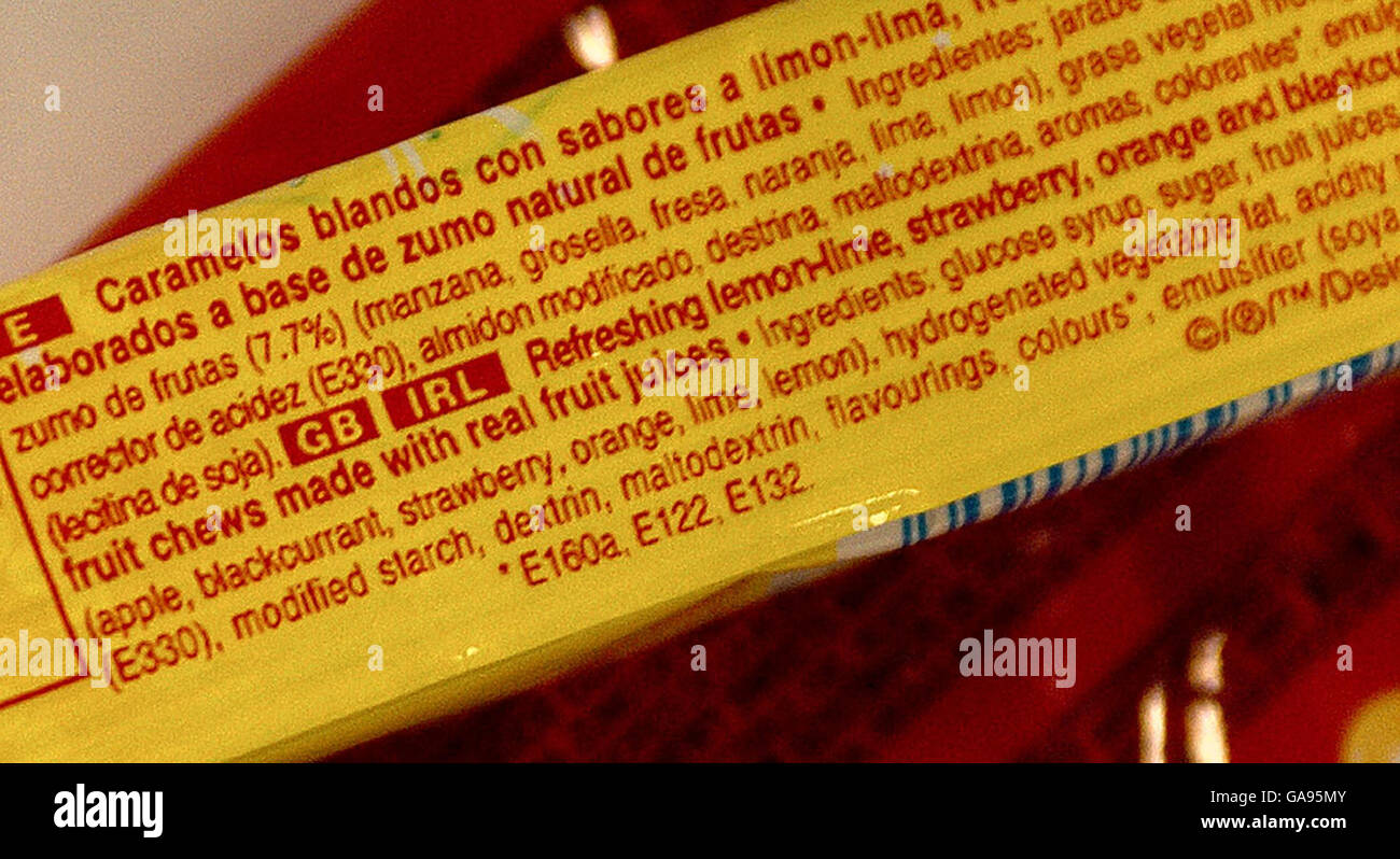 A list of artificial food additives listed in the ingredients on a ...