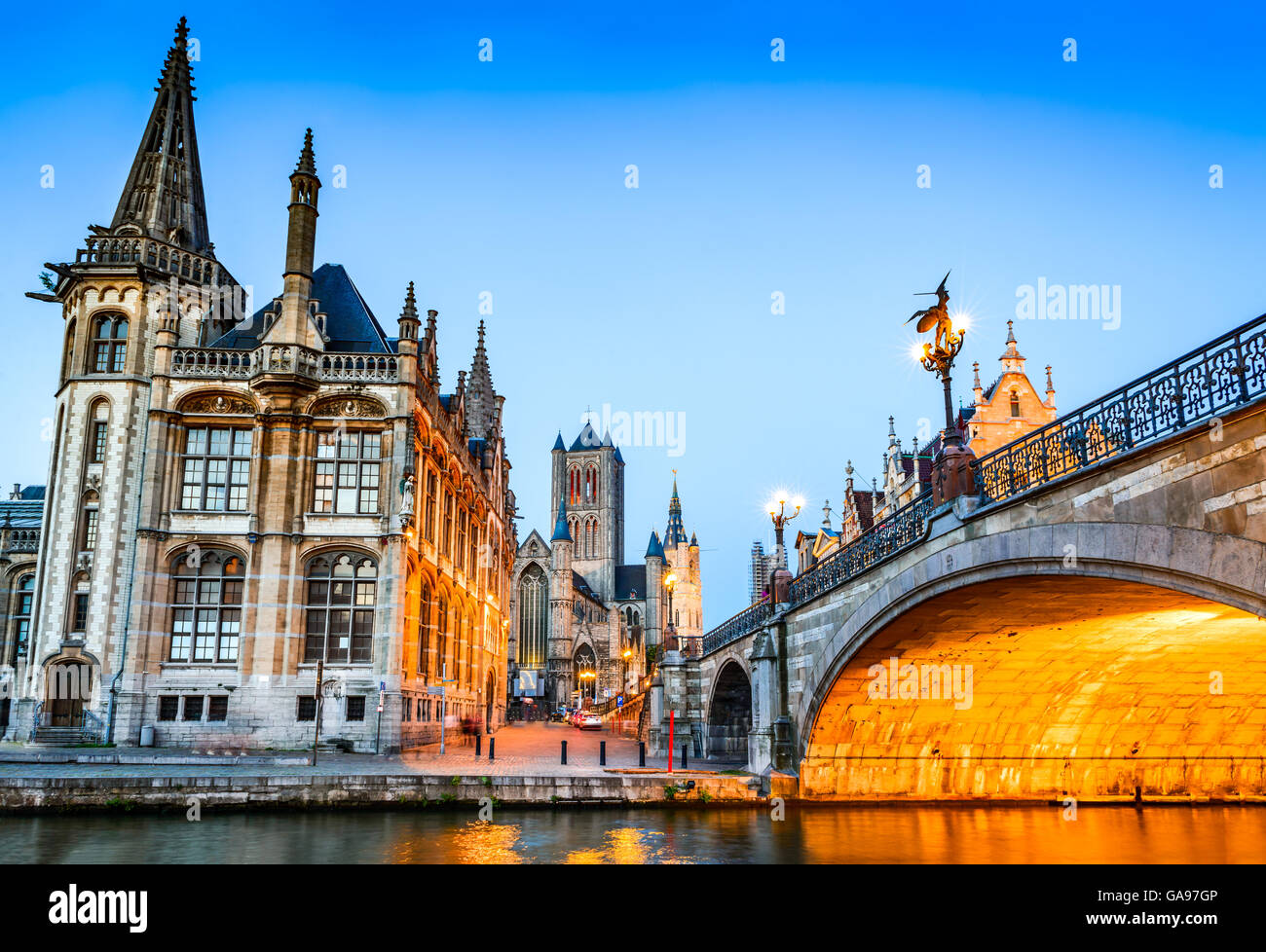 Gent, Belgium. The historic center of Ghent (Gand), embankment Graslei ...