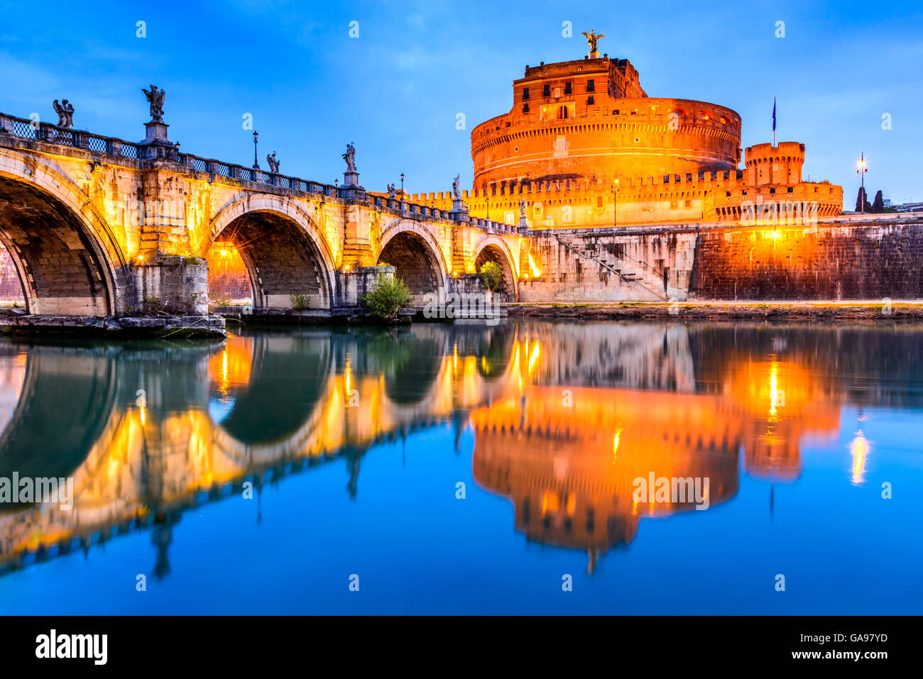 Rome, Italy. Castle Sant Angelo twilight, built by Hadrian emperor as ...