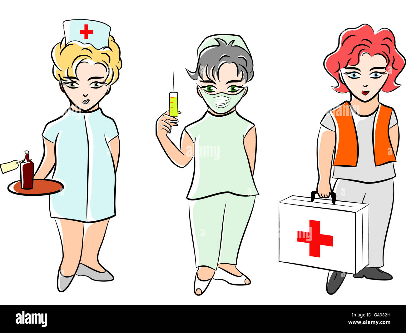 female nurse, surgeon and emergency doctor as comic sketch illustration ...