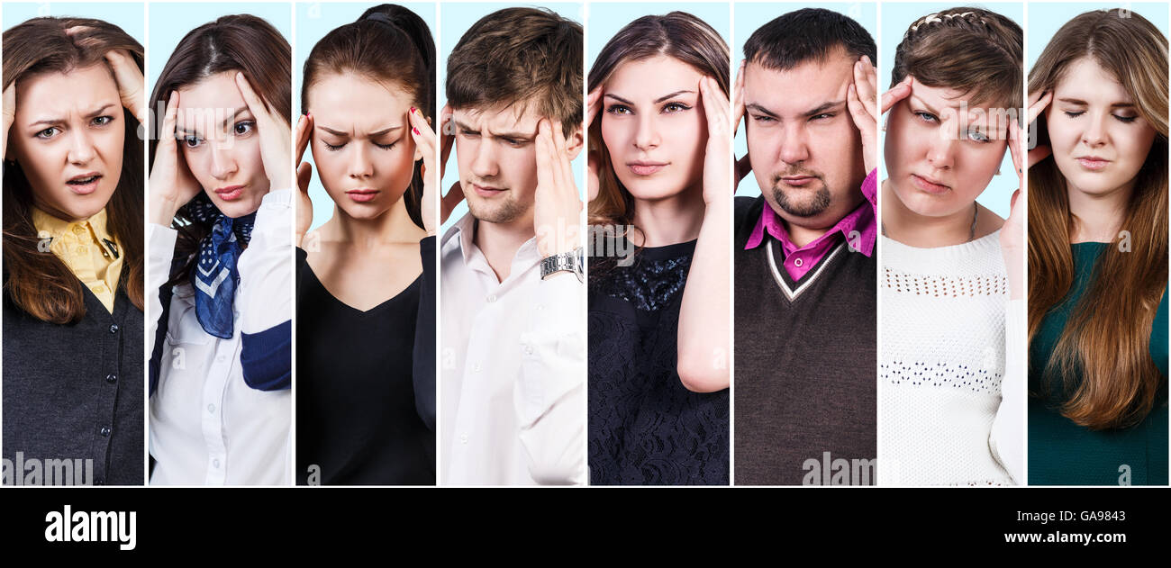 Collage of people suffering from a headache over blue background Stock ...