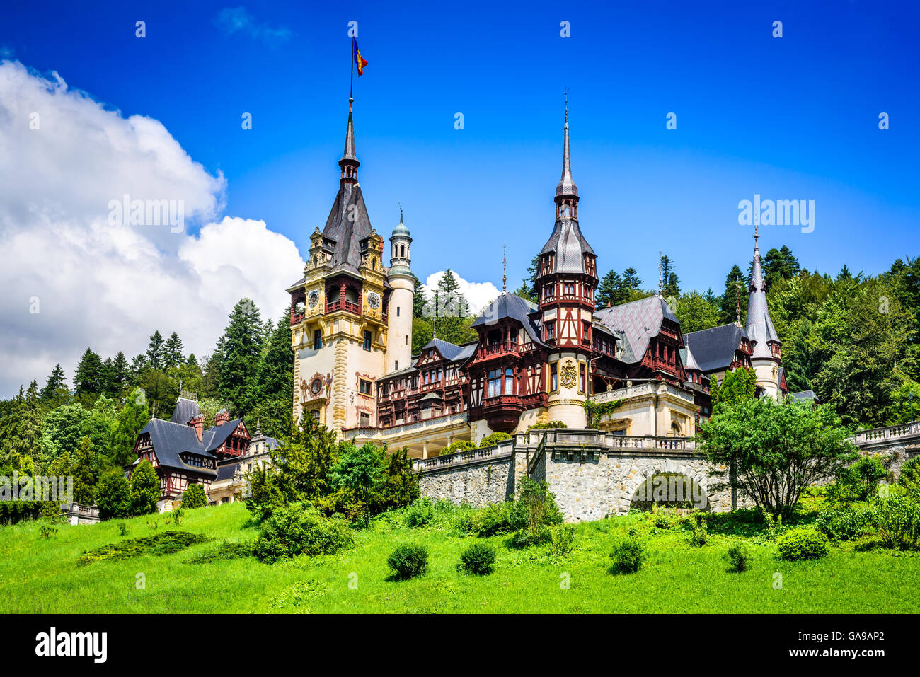 Peles Castle, Romania. Beautiful famous royal residence with ornamental ...