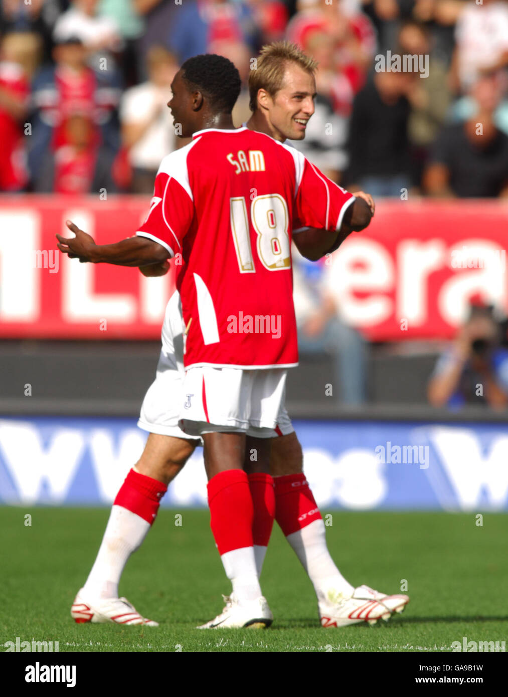 Charlton Athletic's Luke Varney celebrates his goal with Lloyd Sam ...