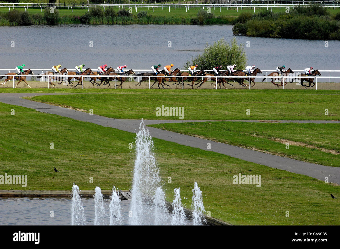 Horse Racing - Kempton Racecourse. Runners and riders in the Day Time ...