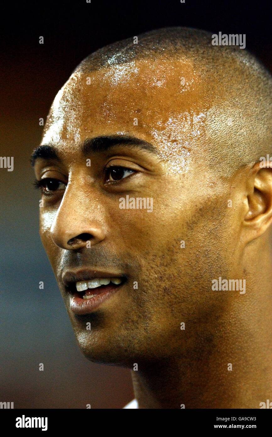 Great britains colin jackson after his 60m hurdles race hi-res stock ...