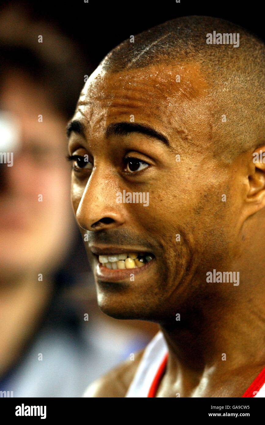 Great britains colin jackson after his 60m hurdles race hi-res stock ...