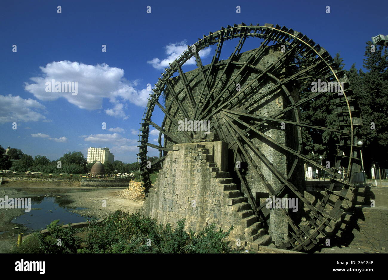 a traditional norias wooden water wheelsl in the city of Hama in Syria ...
