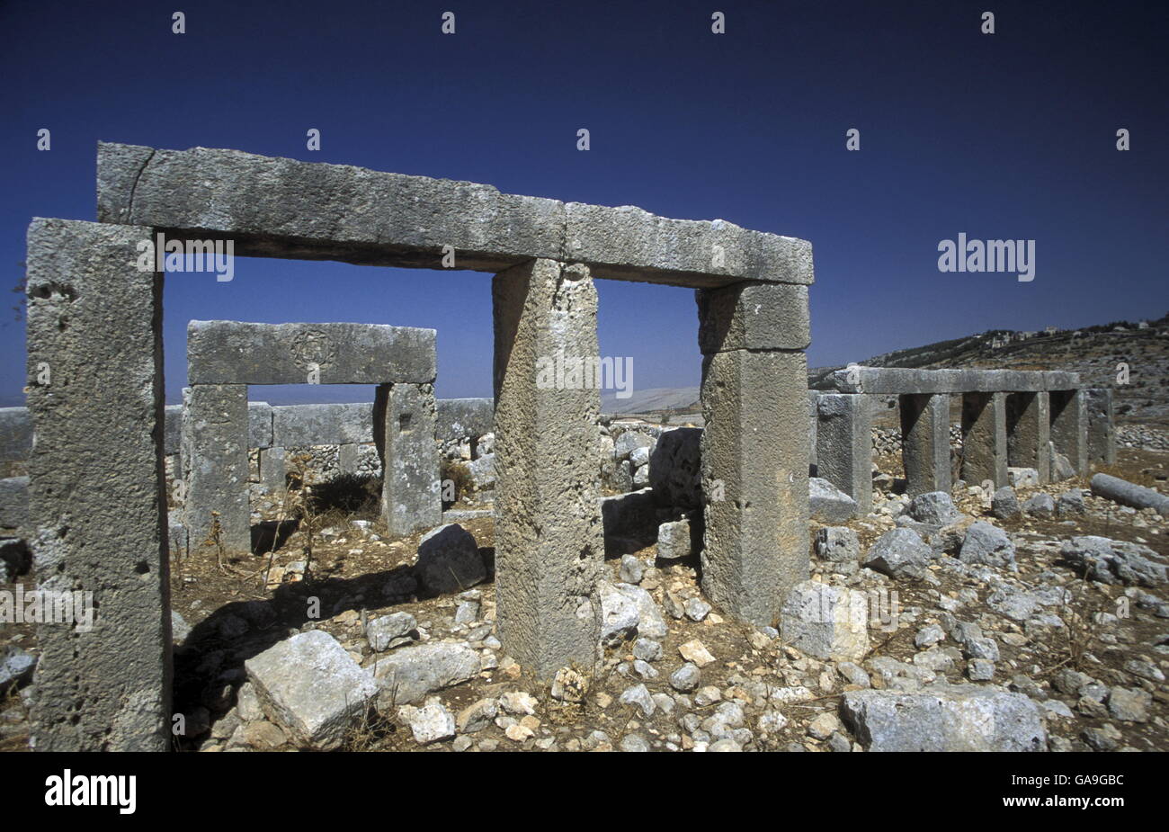 the ruins of the Basilica Mushabbak near the city of Aleppo in Syria in ...