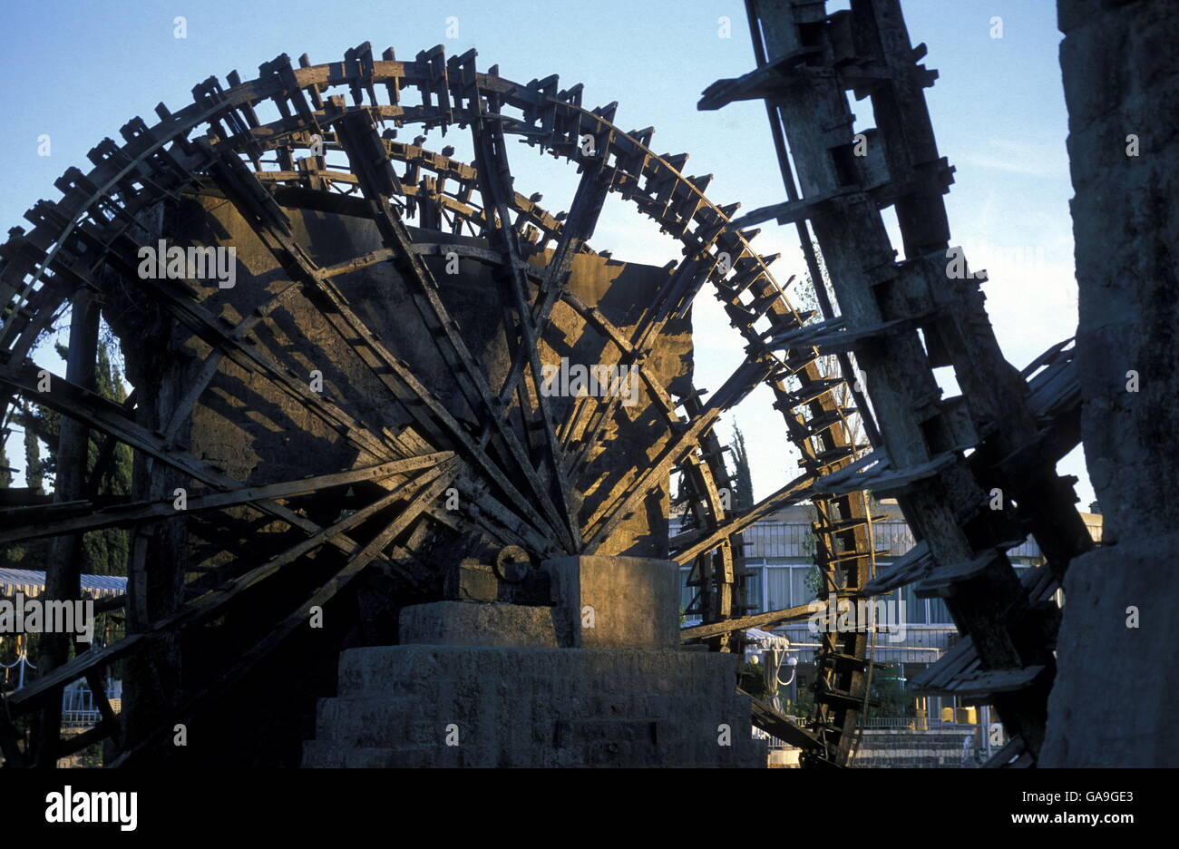 a traditional norias wooden water wheelsl in the city of Hama in Syria ...