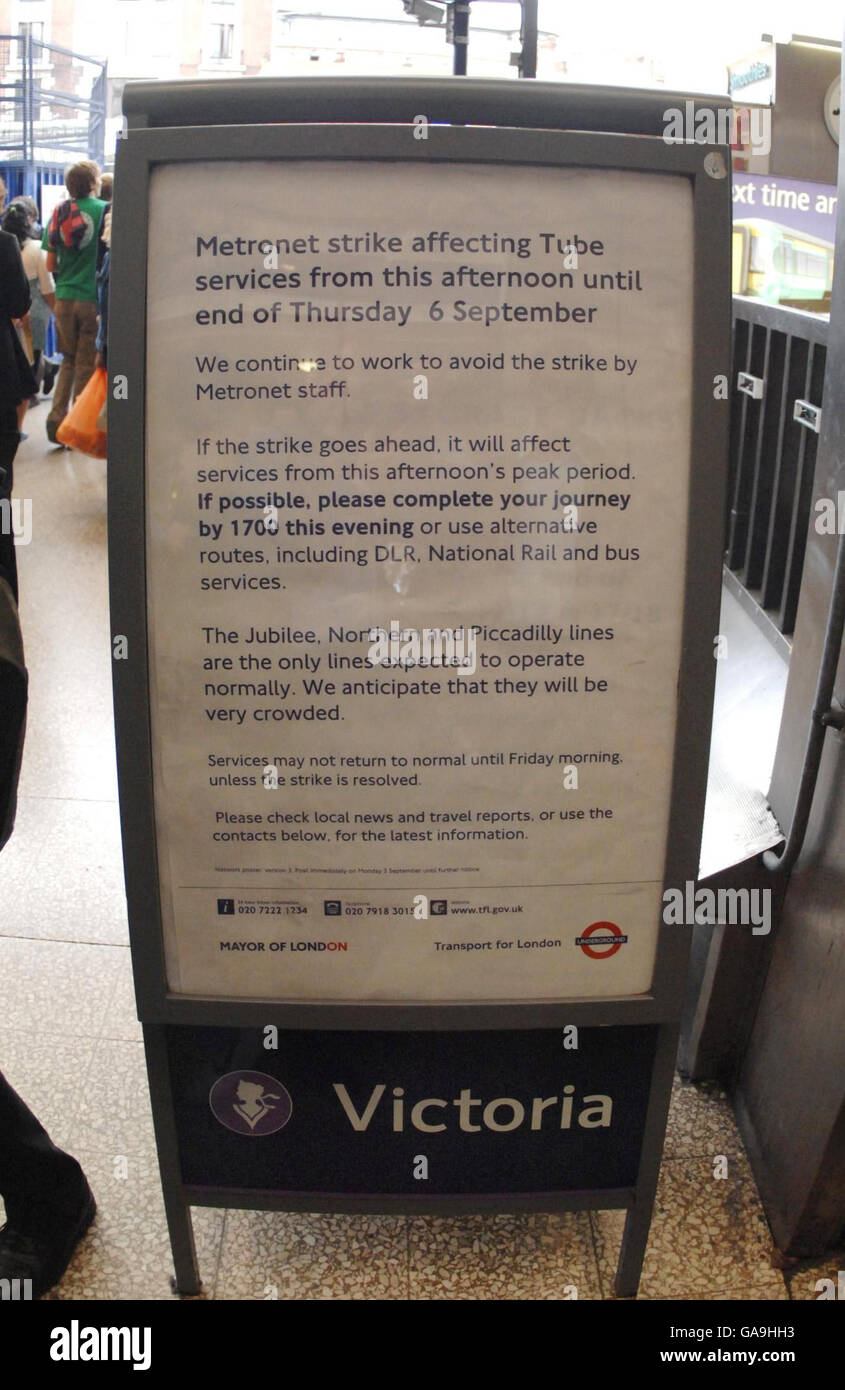 A sign outside Victoria tube station, London, as thousands of commuters ...
