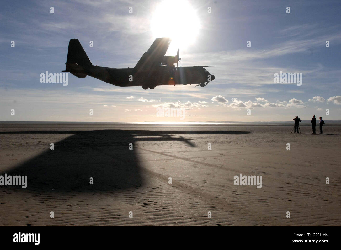 A Hercules leaves the beach at Pembrey sands, near Llanelli, west Wales ...