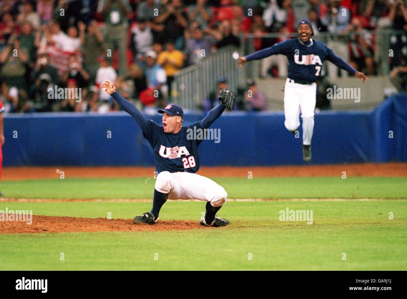 The USA's pitcher Ben Sheets celebrates gold medal success against Cuba ...