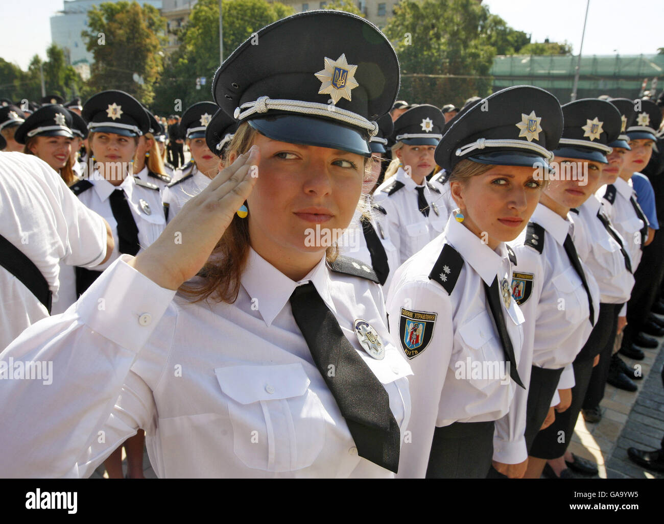 Kiev, Ukraine. 4th Aug, 2016. Female Ukrainian Police officers stand in ...