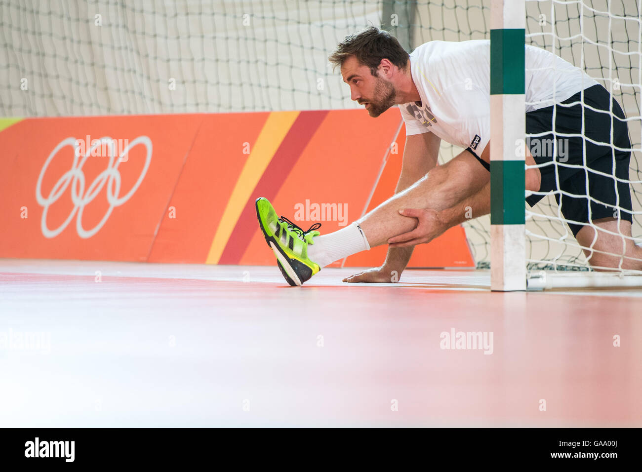 Goalkeeper Andreas Wolff of Germany stretches during a training session ...