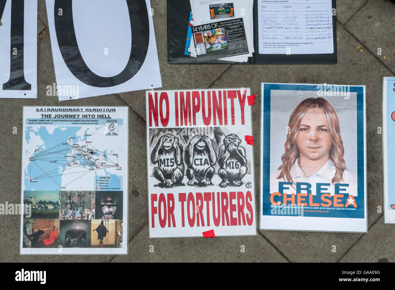 London, UK. 4th August 2016. Posters at the London Guantánamo Campaign ...