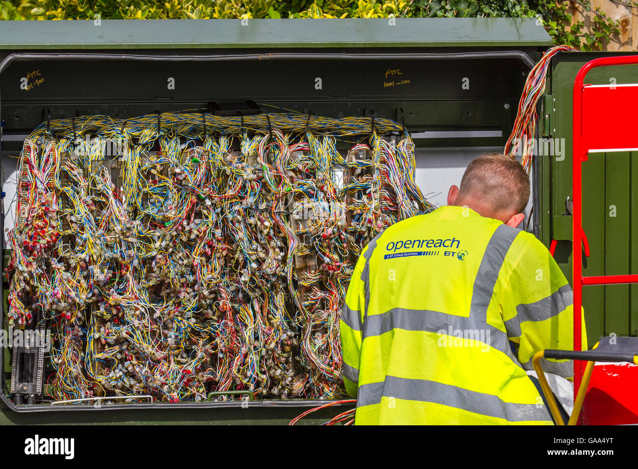 Yellow vest hi-vis BT OpenReach repair engineer, on-street cabinets ...