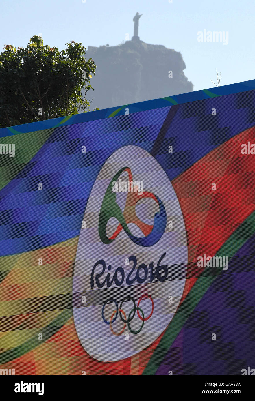 Rio de Janeiro, Brazil. 5th Aug, 2016. The Olympic sign is seen on a ...