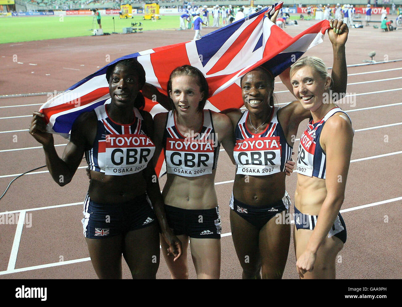 Great Britain relay team celebrates after winning bronze in the 4x400 ...