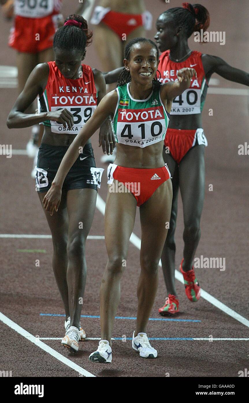 Ethiopia's Meseret Defar celebrates winning gold after completing the ...