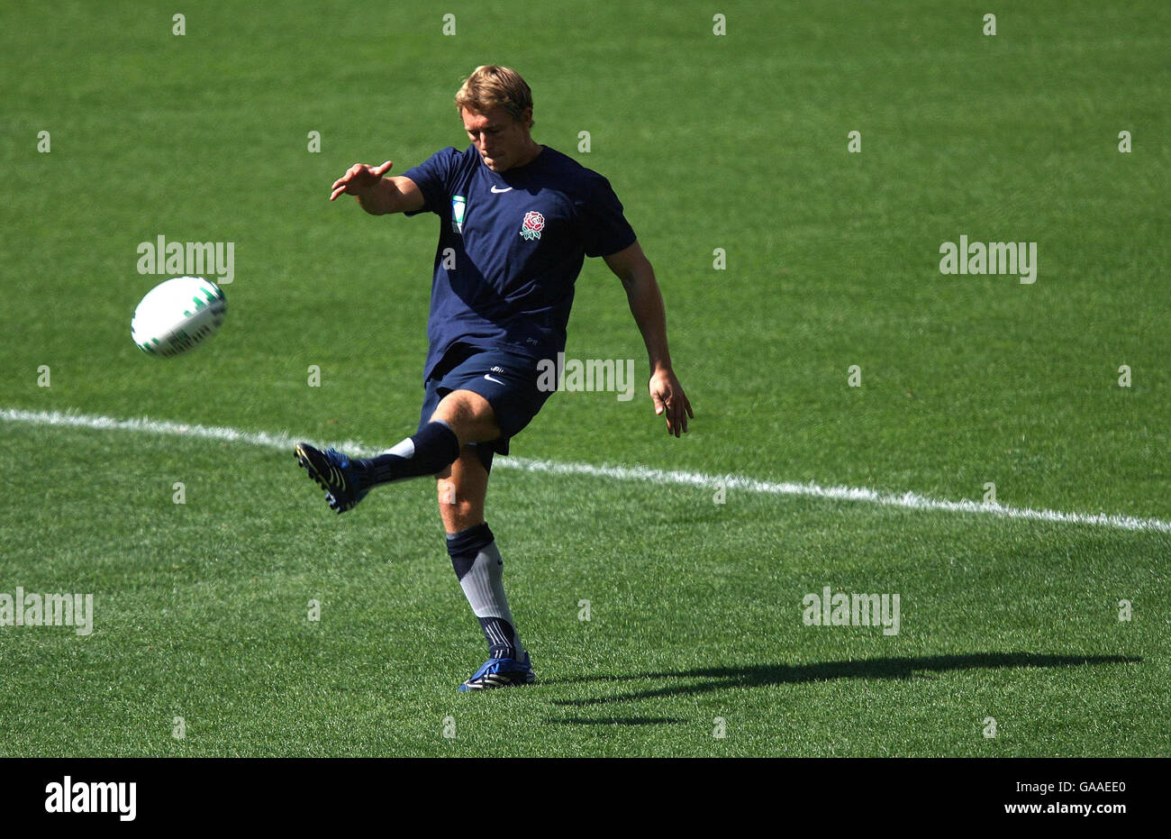 England's Jonny Wilkinson practices his kicking in the Stade de France ...
