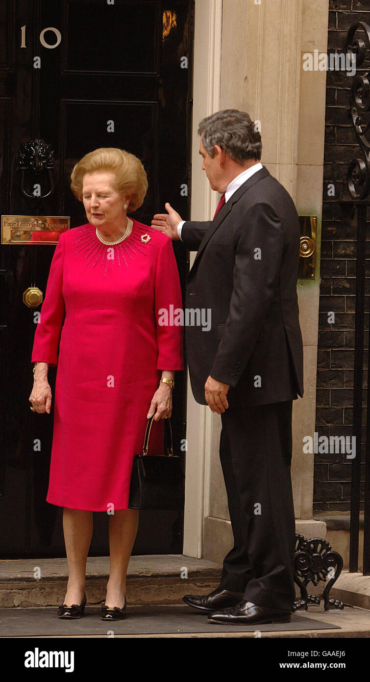 Britain's Prime Minister Gordon Brown welcomes Baroness Thatcher to her ...