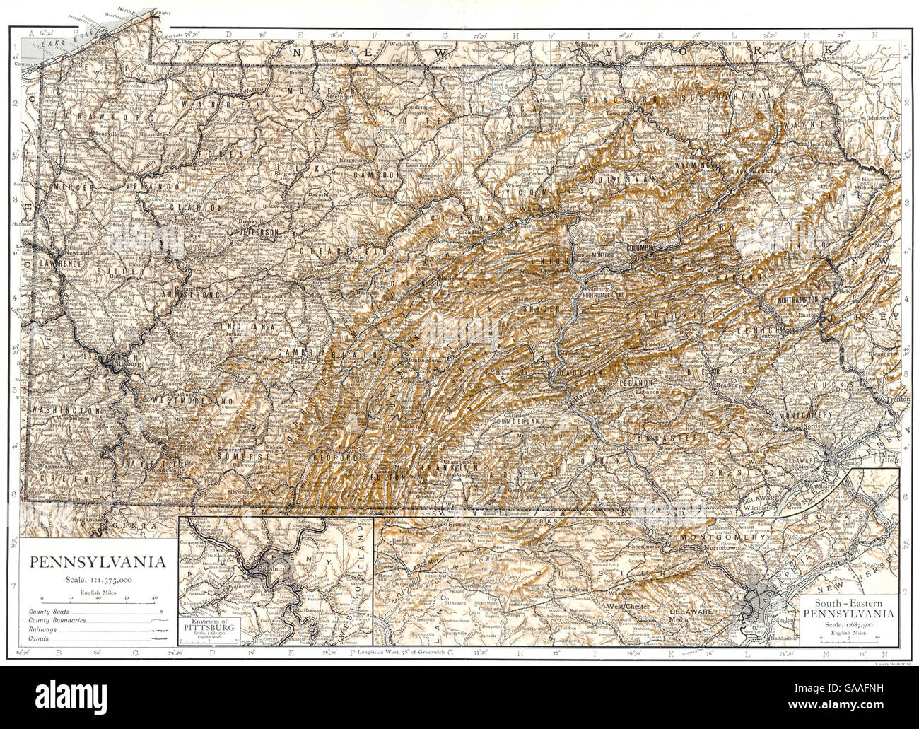 PENNSYLVANIA: State map showing counties; Inset Pittsburg, 1910 Stock ...