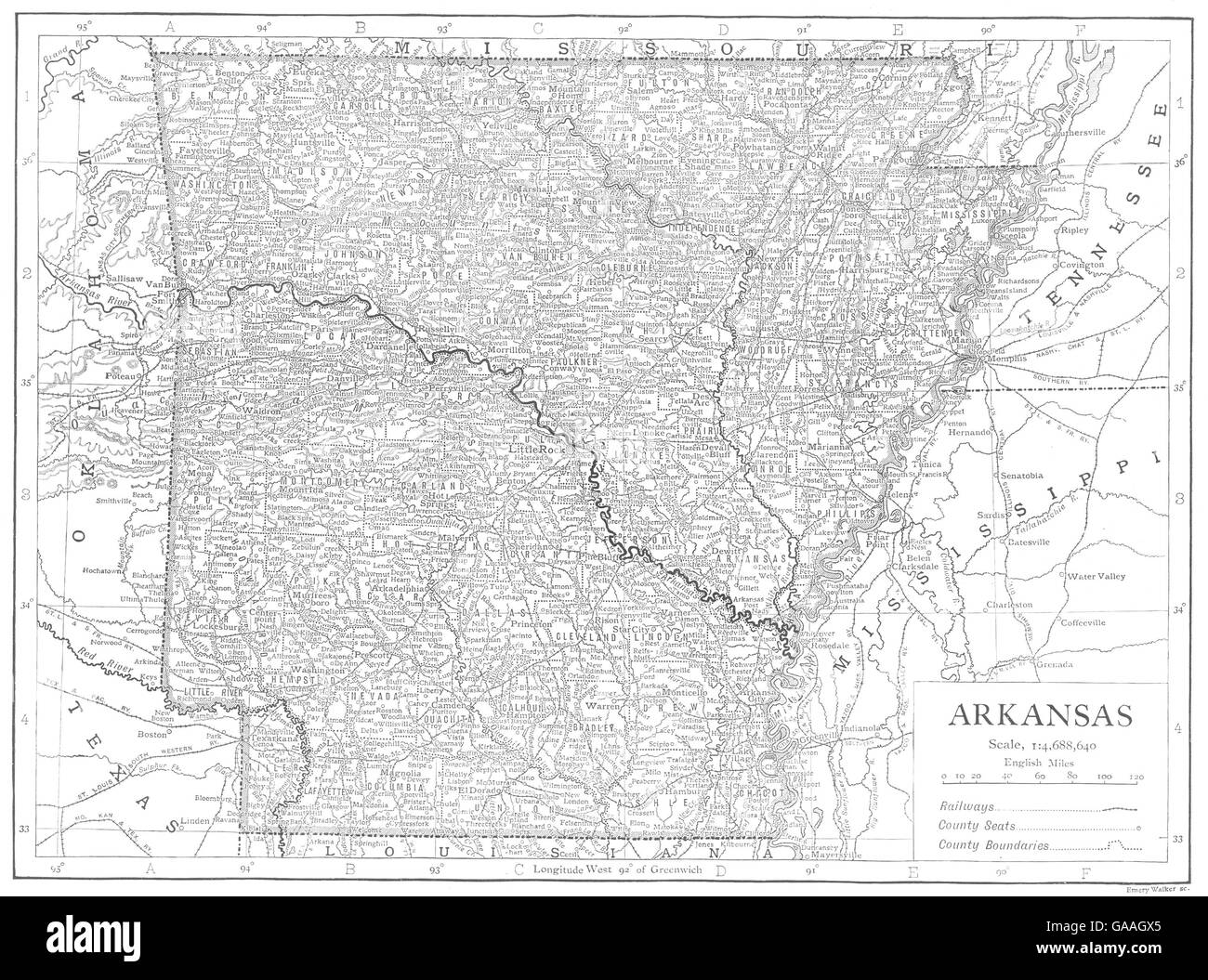 ARKANSAS State map showing counties & civil war battlefields/dates 1903 ...