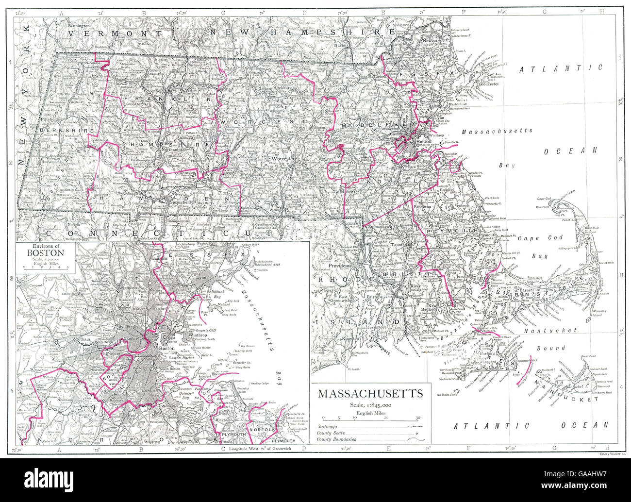 MASSACHUSETTS: State map showing counties; Inset Environs of Boston ... MASSACHUSETTS: State map showing counties; Inset Environs of Boston ...