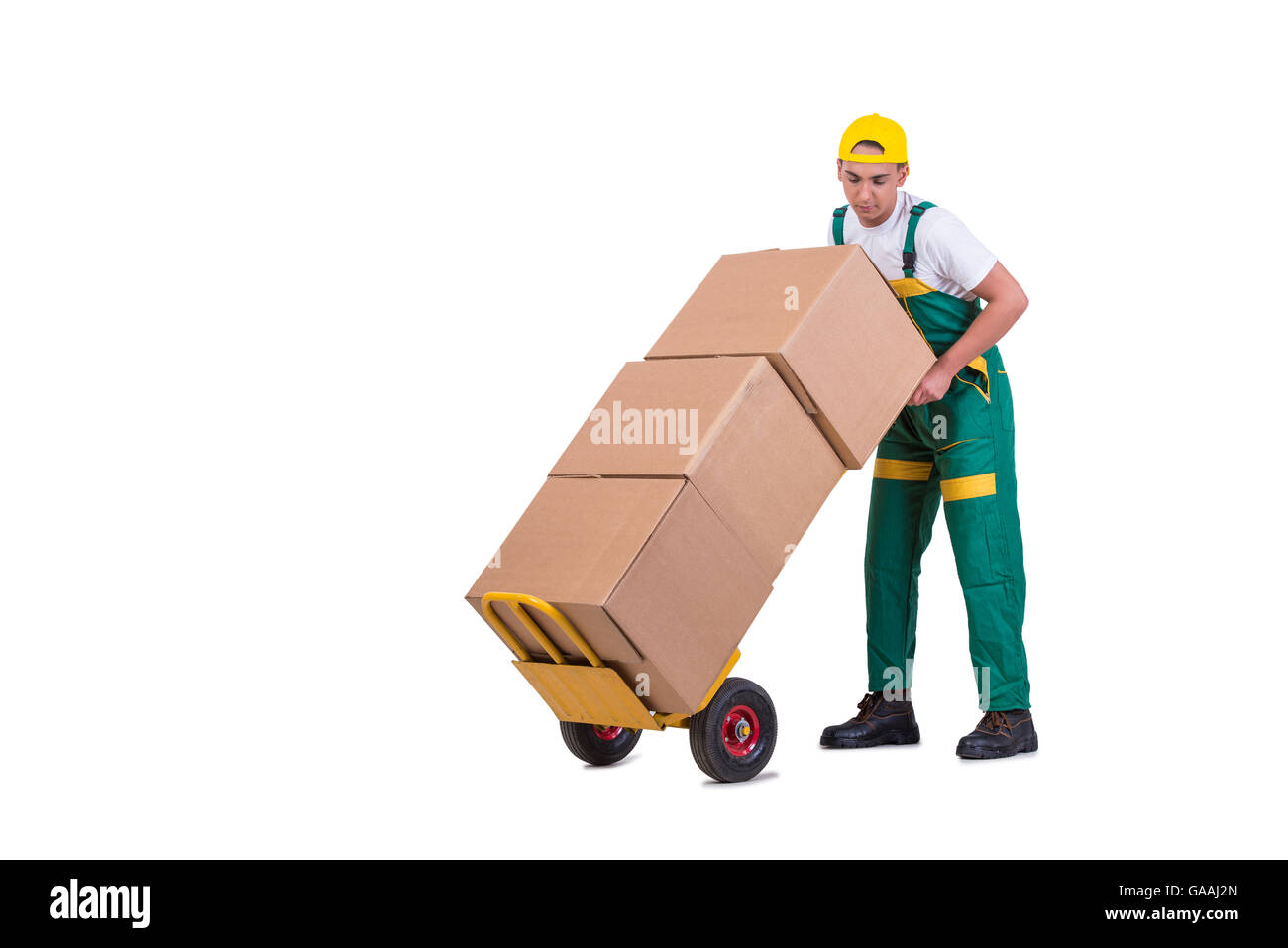 Young man moving boxes with cart isolated on white Stock Photo - Alamy