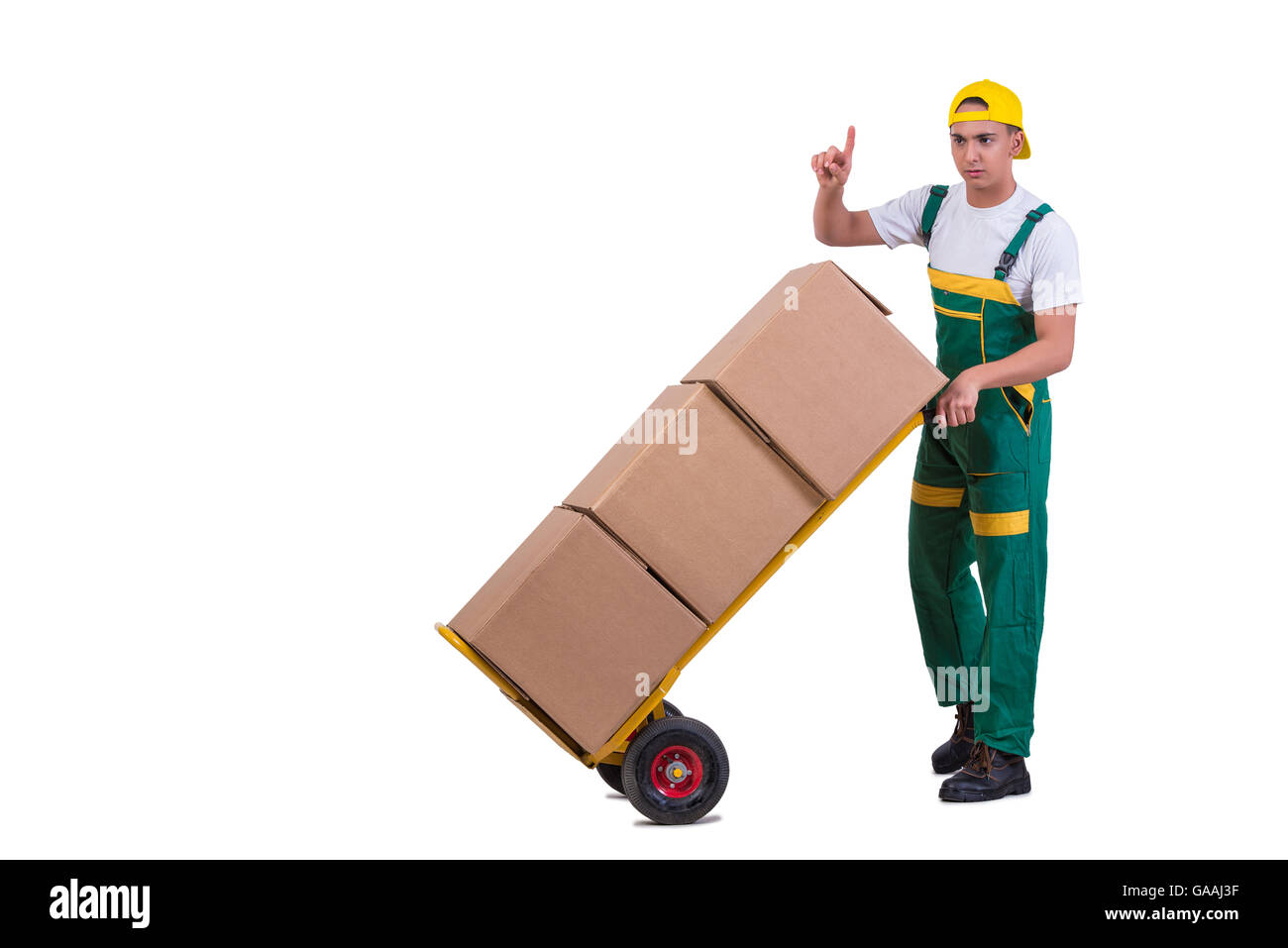 Young man moving boxes with cart isolated on white Stock Photo - Alamy