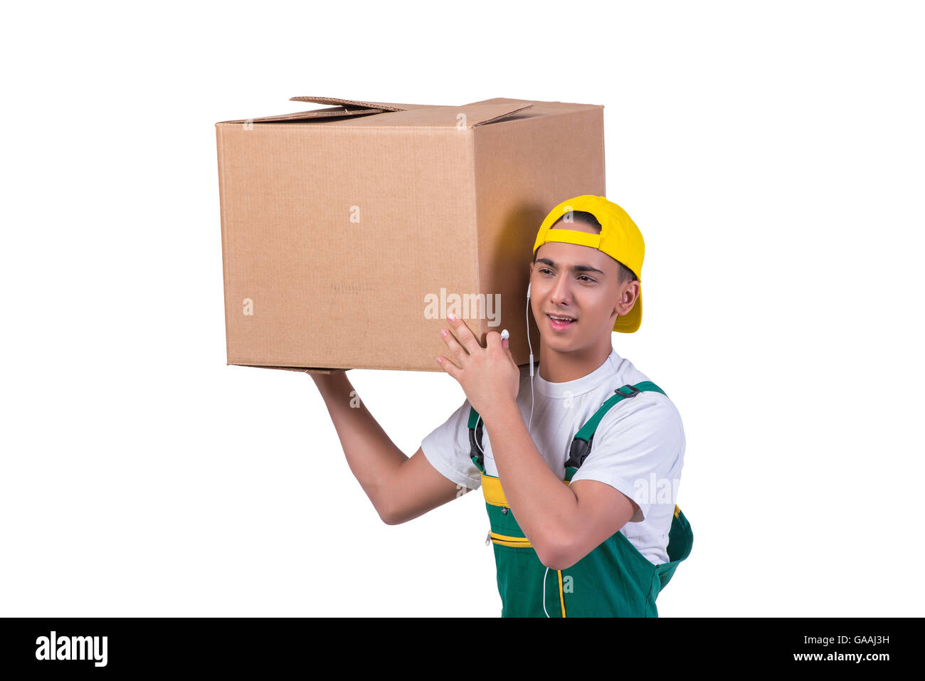 Young man moving boxes isolated on white Stock Photo - Alamy