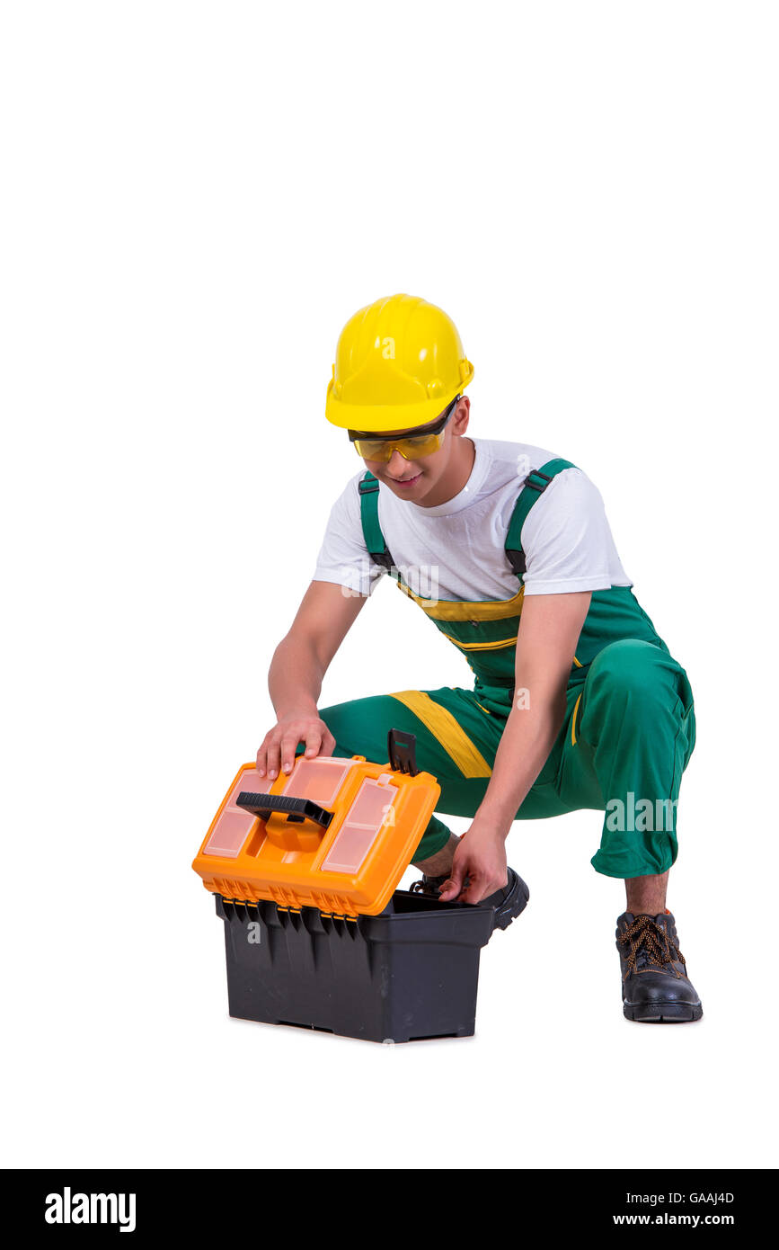 Young man with toolkit toolbox isolated on white Stock Photo - Alamy