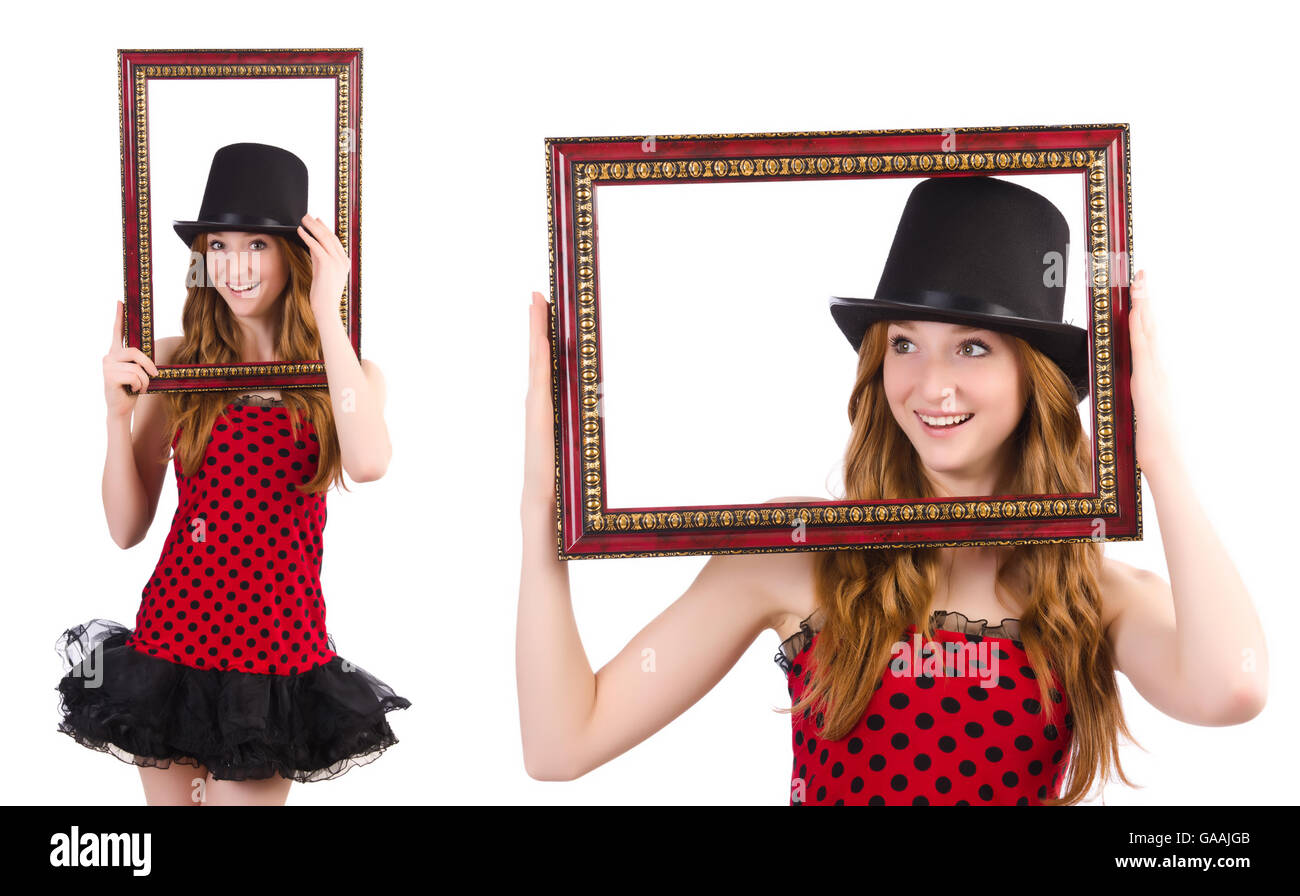 Pretty girl in red polka dot dress with picture frame isolated on white ...