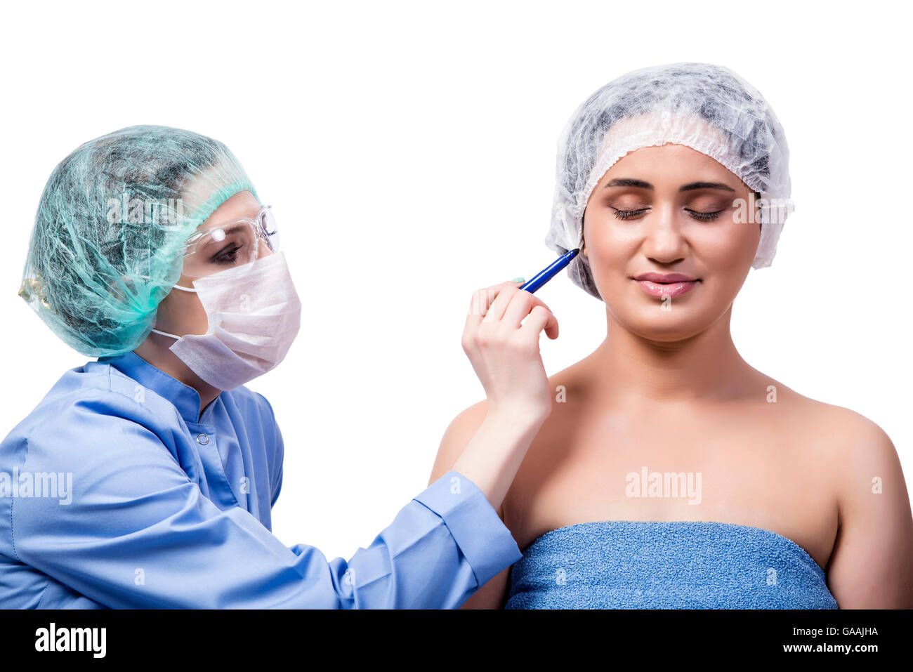 Young woman preparing for plastic surgery isolated on white Stock Photo ...