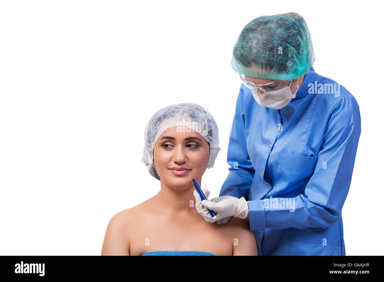 Young woman preparing for plastic surgery isolated on white Stock Photo ...