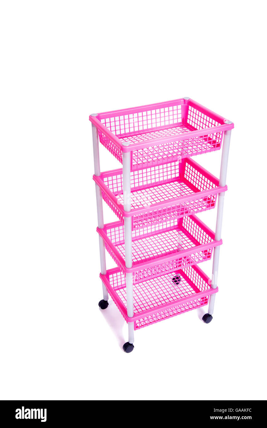 Pink bin rack shelf with wheels isolated on white Stock Photo - Alamy