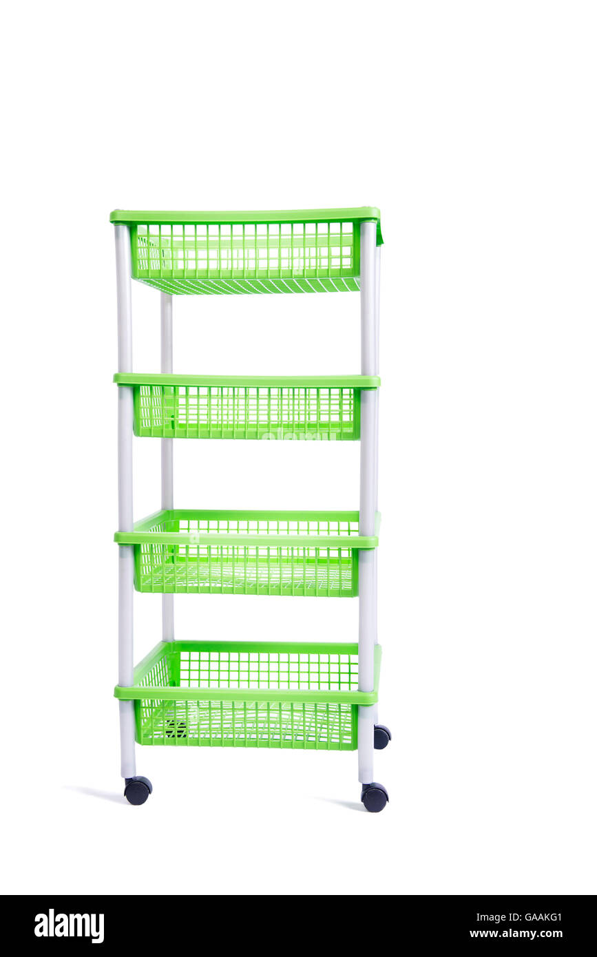 Green bin rack shelf with wheels isolated on white Stock Photo - Alamy